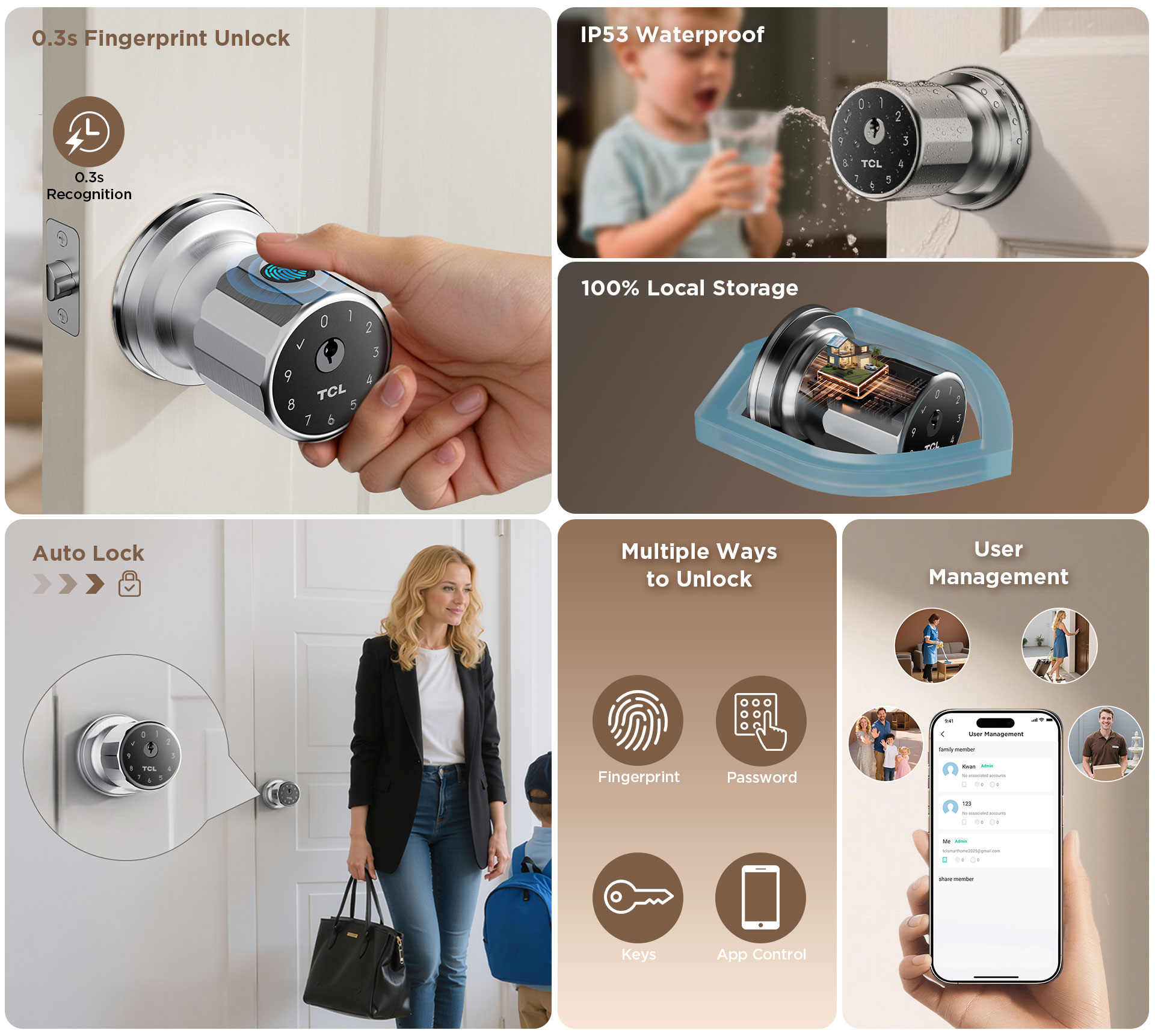 TCL K1 Fingerprint Smart Door Knob 0.3s Unlock Auto Lock IP53